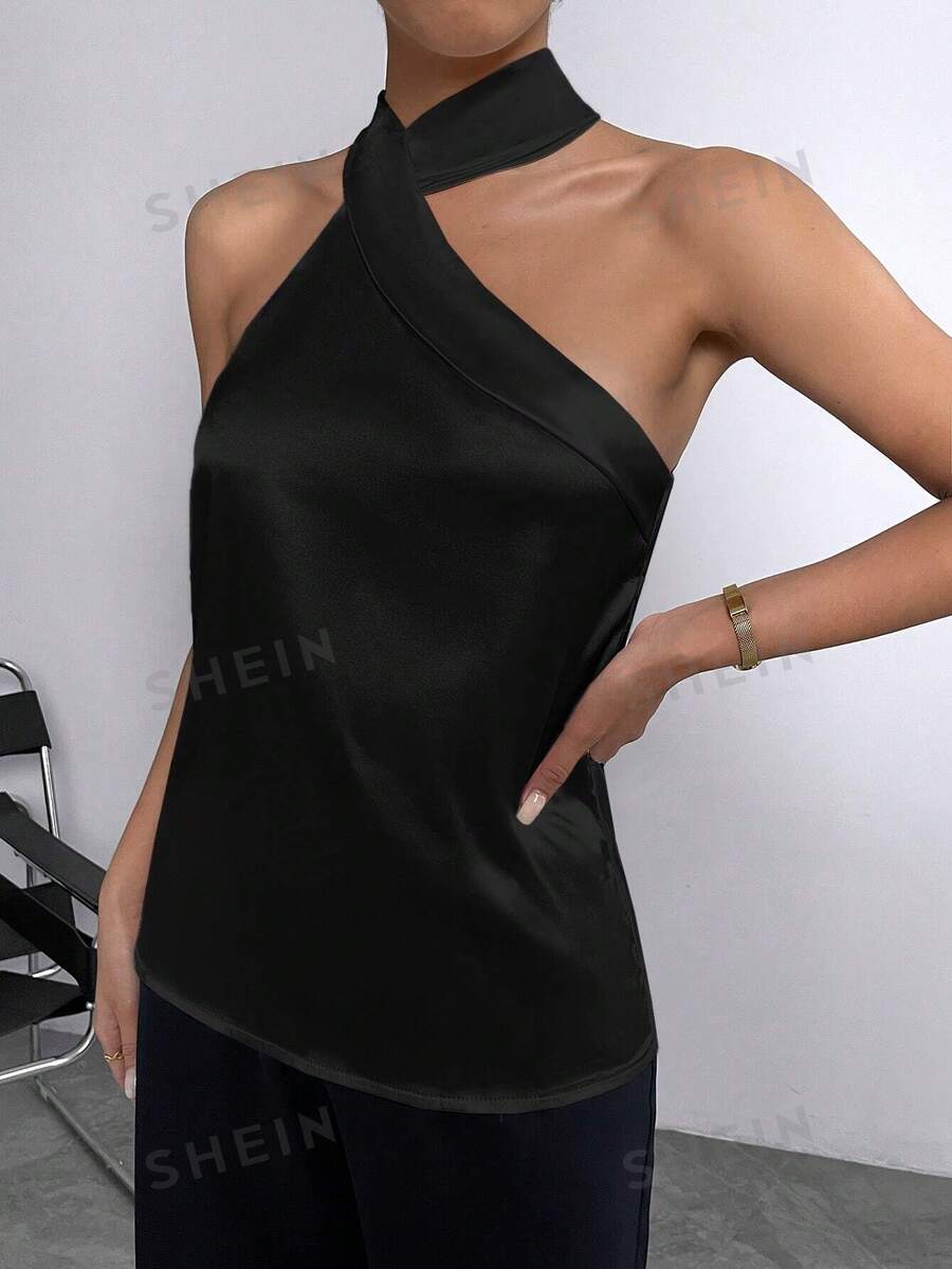 Shein Privé Sólido Pescoço De Cabresto Cetim Blusa Shein Brasil