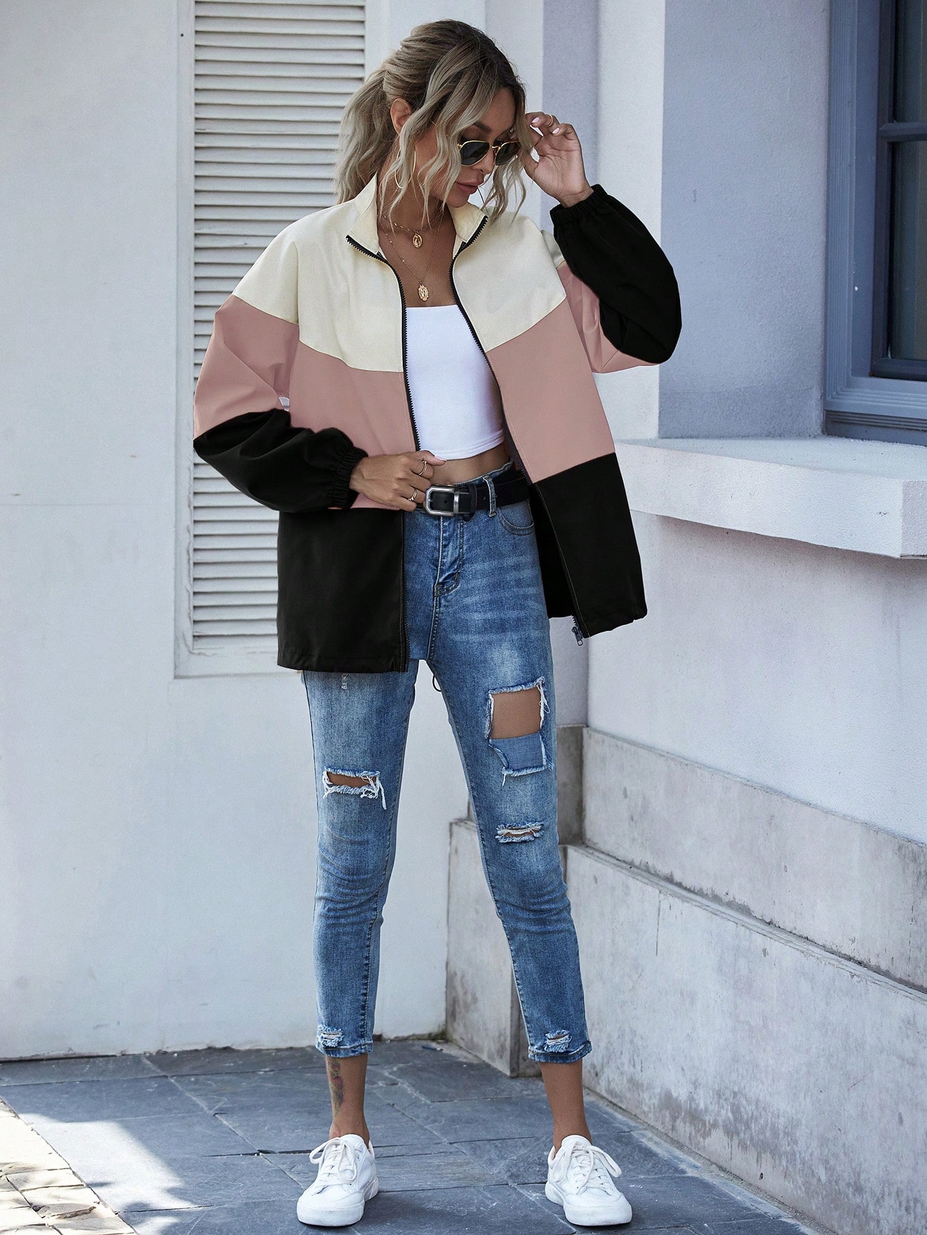 SHEIN LUNE Colorblock Zip-Up Windbreaker Jacket | SHEIN USA