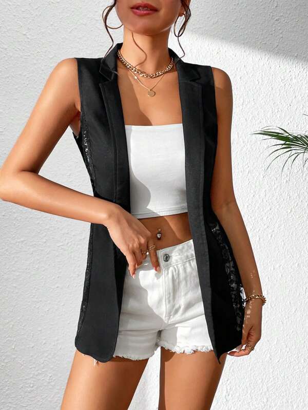 SHEIN Privé Colete blazer renda de contraste frente aberta | SHEIN Brasil