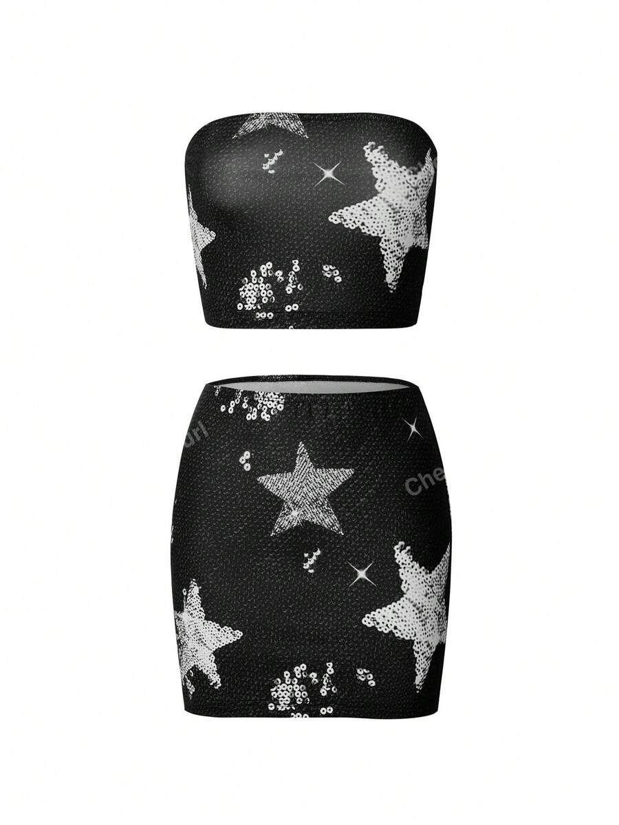 Star Print Crop Tube Top & Bodycon Skirt | SHEIN USA