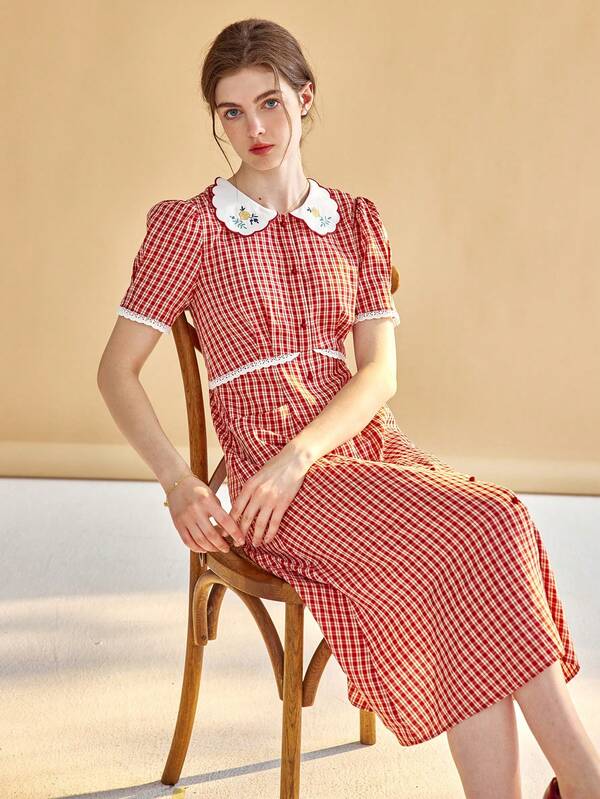 Simple Retro Gingham Print Contrast Collar Puff Sleeve Dress Shein Usa