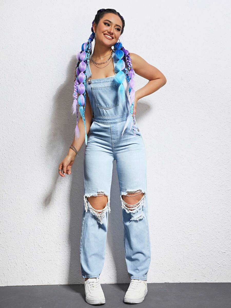 SHEIN EZwear Ripped Cut Out Denim Overalls Without Tank Top | SHEIN USA