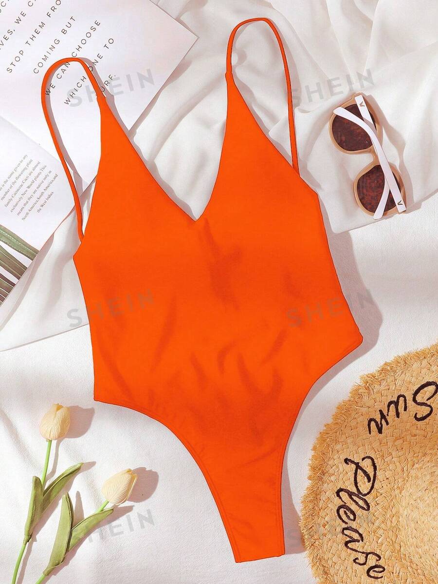 SHEIN Swim Maiô de uma peça sólido com corte alto para praia/verão ...