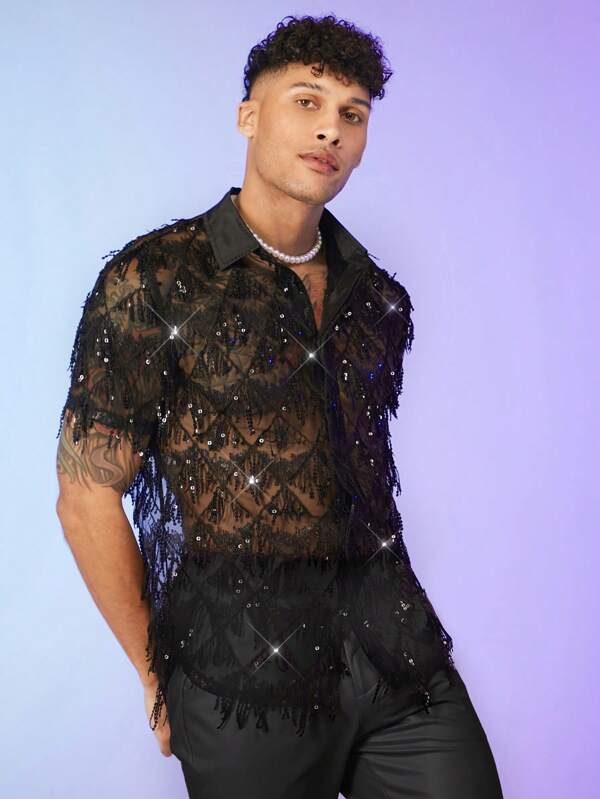 Manfinity Fever City Men Sequin Fringe Detail Mesh Shirt | SHEIN UK