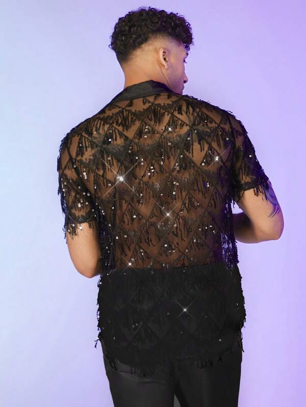 Manfinity Fever City Men Sequin Fringe Detail Mesh Shirt | SHEIN UK