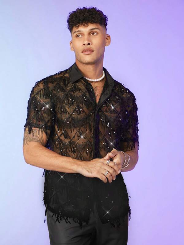 Manfinity Fever City Men Sequin Fringe Detail Mesh Shirt | SHEIN UK