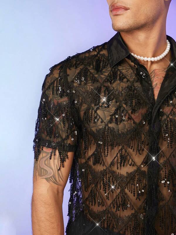 Manfinity Fever City Men Sequin Fringe Detail Mesh Shirt | SHEIN UK
