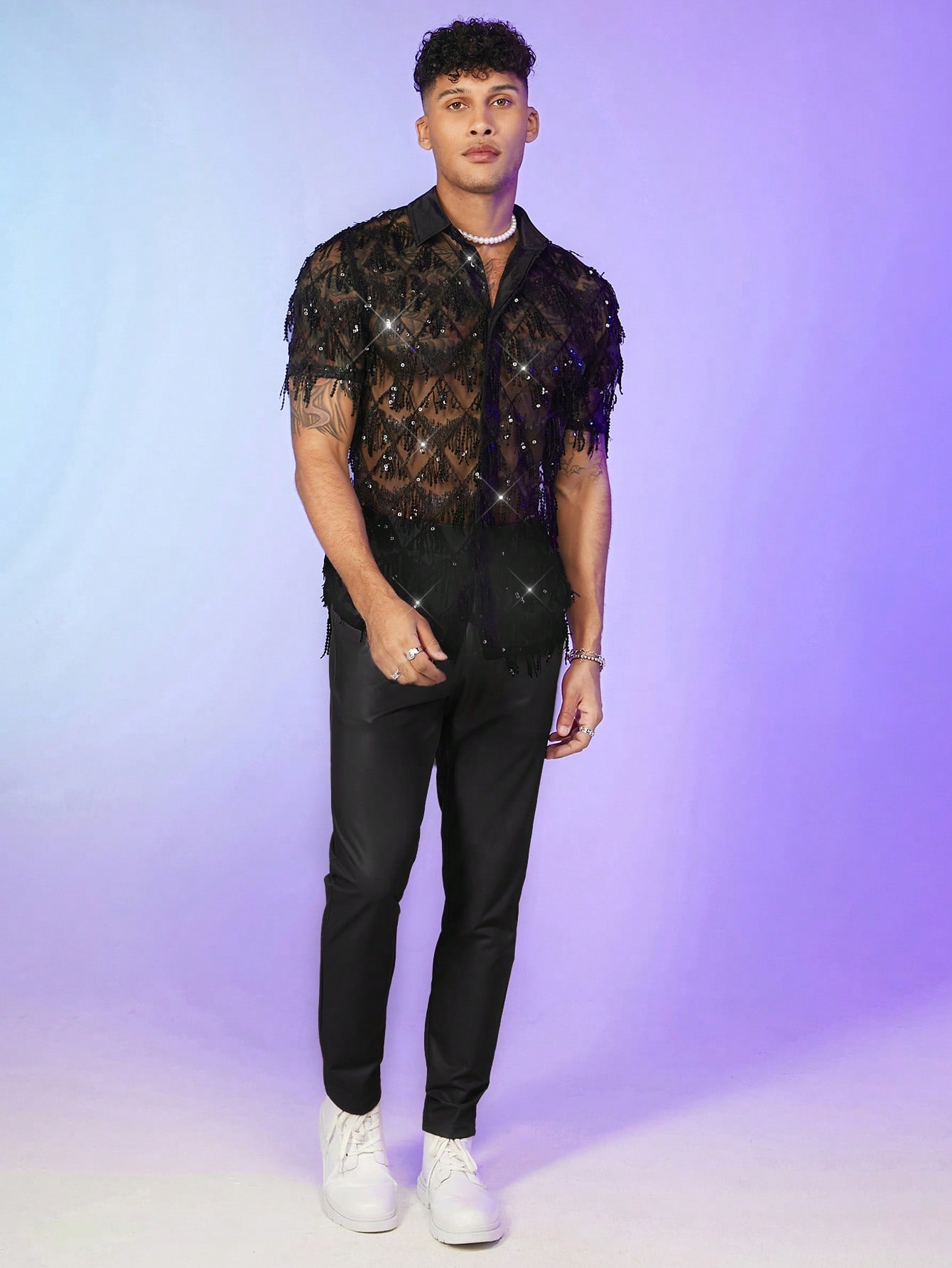 Manfinity Fever City Men Sequin Fringe Detail Mesh Shirt | SHEIN USA