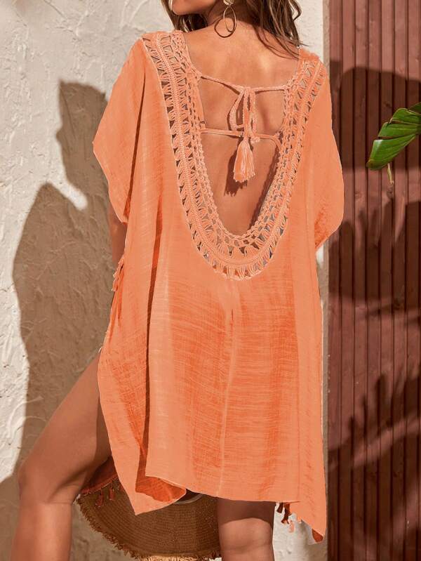 Shein Shein Swim Bohofeel Contrast Crochet Tie Backless Tassel Detail
