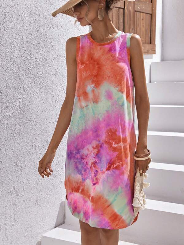 Shein Vcay Vestido Tank De Tie Dye Bajo Curvo Moda De Mujer Shein