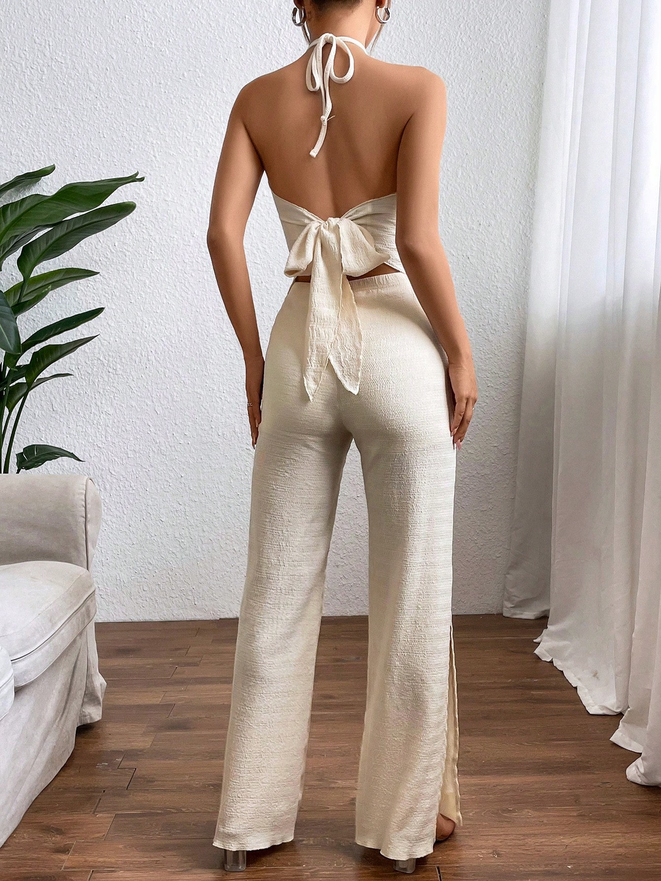 SHEIN Privé Solid Tie Backless Halter Top & Split Thigh Pants for Sale ...