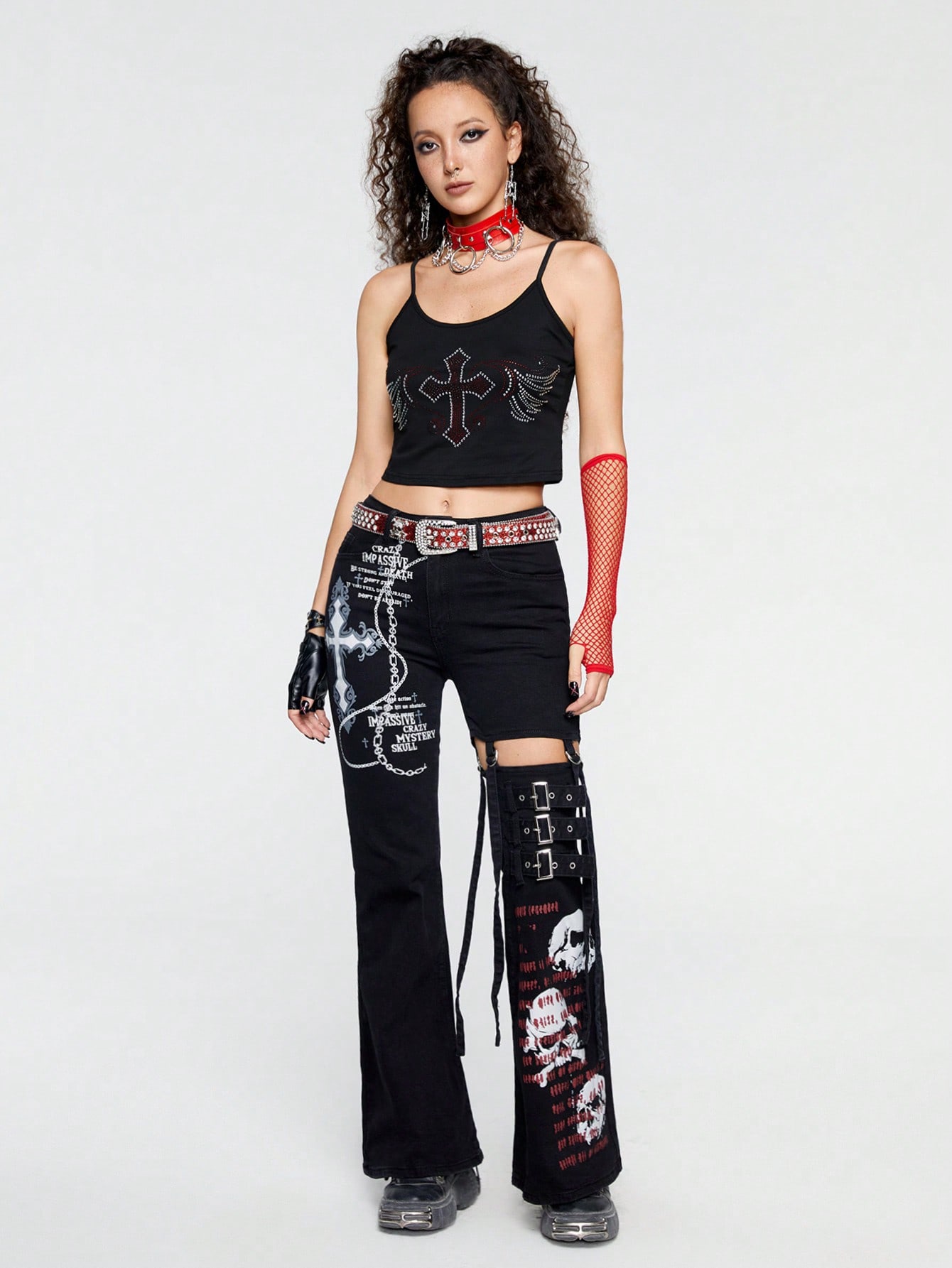 Grunge Punk Skull Print Grommet Eyelet Cut Out Flare Leg Jeans | SHEIN USA