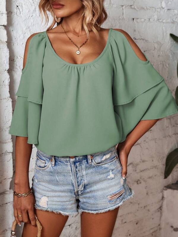 Cold Shoulder Ruffle Trim Blouse Shein Uk