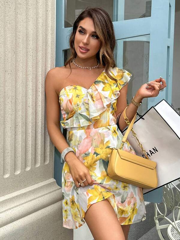 SHEIN Privé Floral Print One Shoulder Ruffle Trim Dress | SHEIN