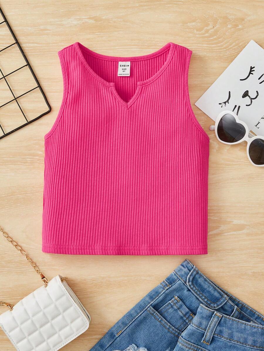 SHEIN Tween Girl Notched Neck Ribbed Knit Tank Top | SHEIN USA