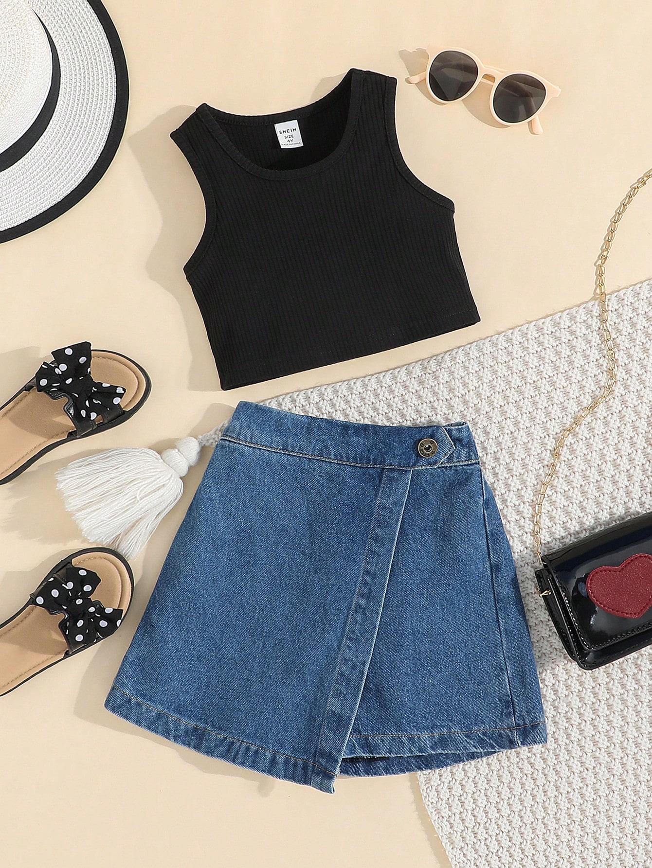 SHEIN Kids EVRYDAY Conjunto de camiseta sin mangas de punto acanalado y ...