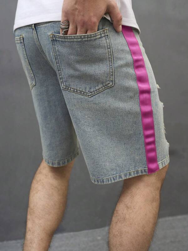 Manfinity EMRG Men Cotton Ripped Contrast Side Seam Denim Shorts ...