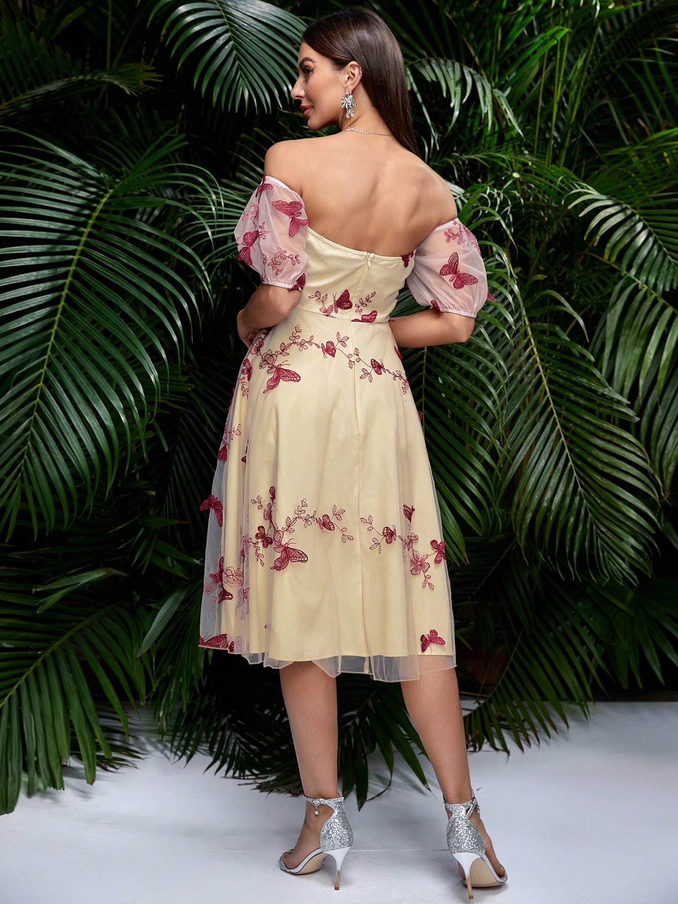 Double Crazy Butterfly Print Off Shoulder Puff Sleeve Organza Dress ...