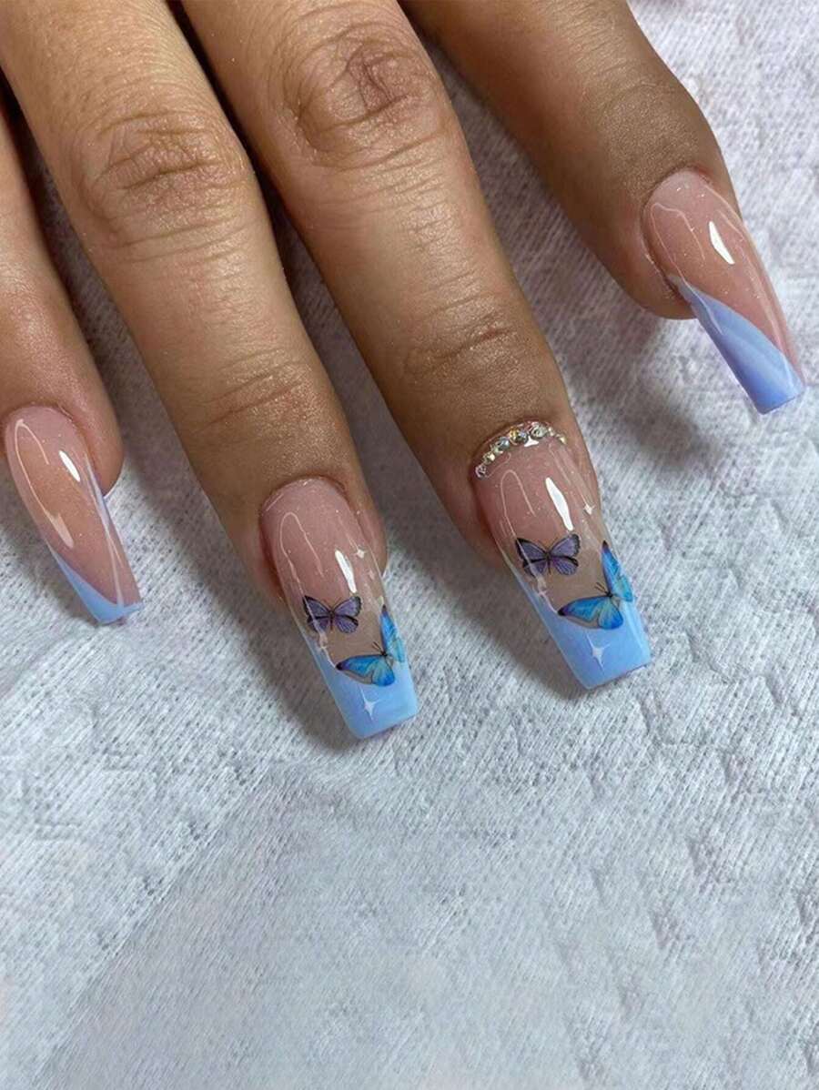 Transform Your Nails With 24pcs Long Coffin Blue French Butterfly ... Transform Your Nails With 24pcs Long Coffin Blue French Butterfly ...