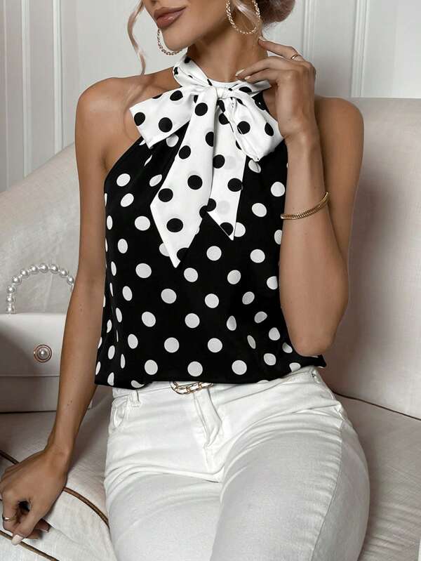 Shein Privé Polka Dot Print Tie Neck Blouse Shein Usa