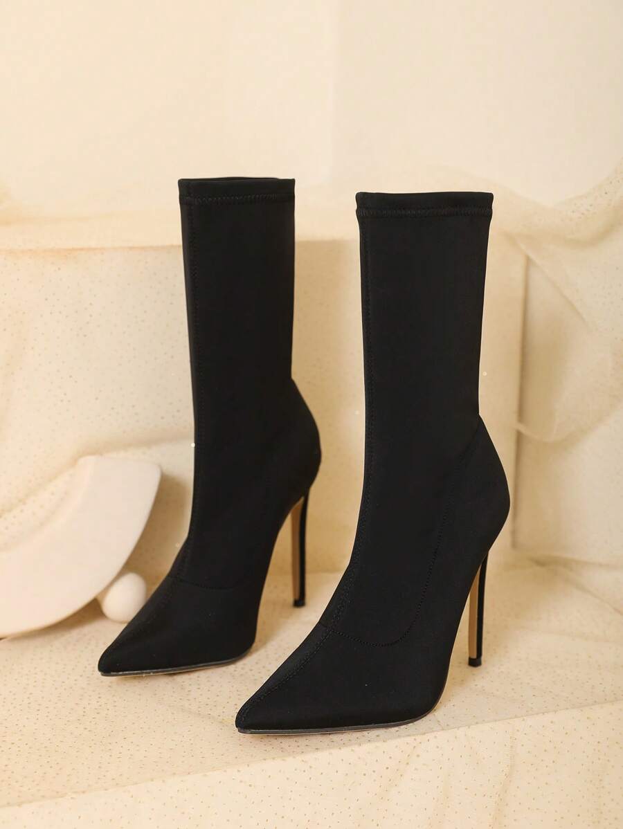 elegante negro Botas calcetín para de punta con tacón delgado Botas ...