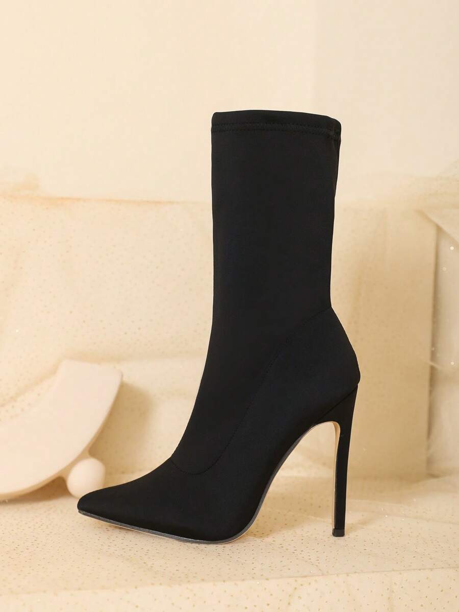 Elegant Black Sock Boots For Women, Point Toe Stiletto Heeled Boots,Go ...