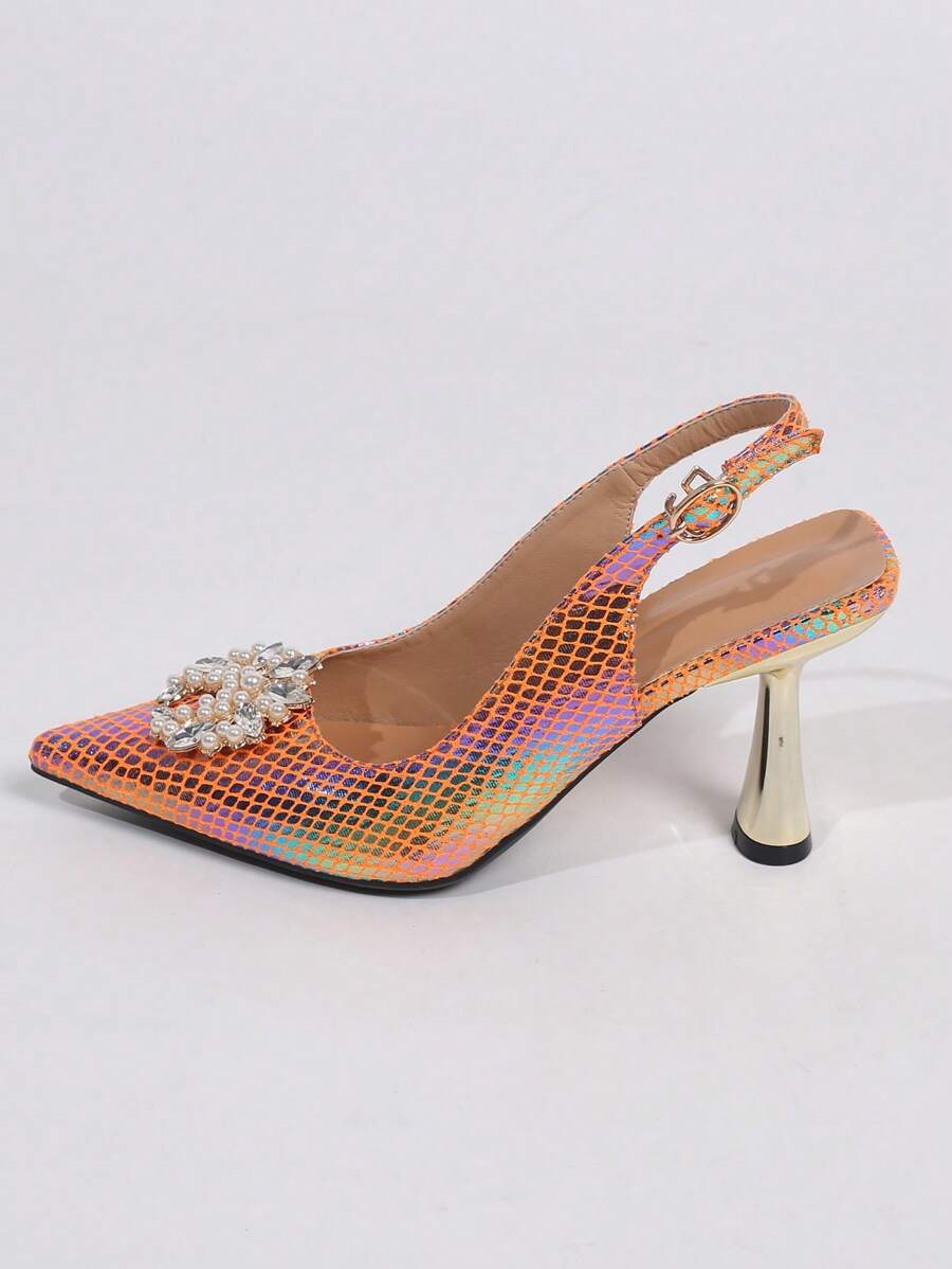 Women Holographic Rhinestone & Faux Pearls Decor Point Toe Pyramid ...