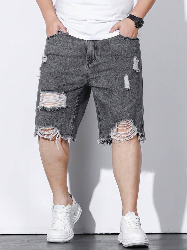 Manfinity Men Plus Cotton Ripped Frayed Raw Trim Denim Shorts | SHEIN UK