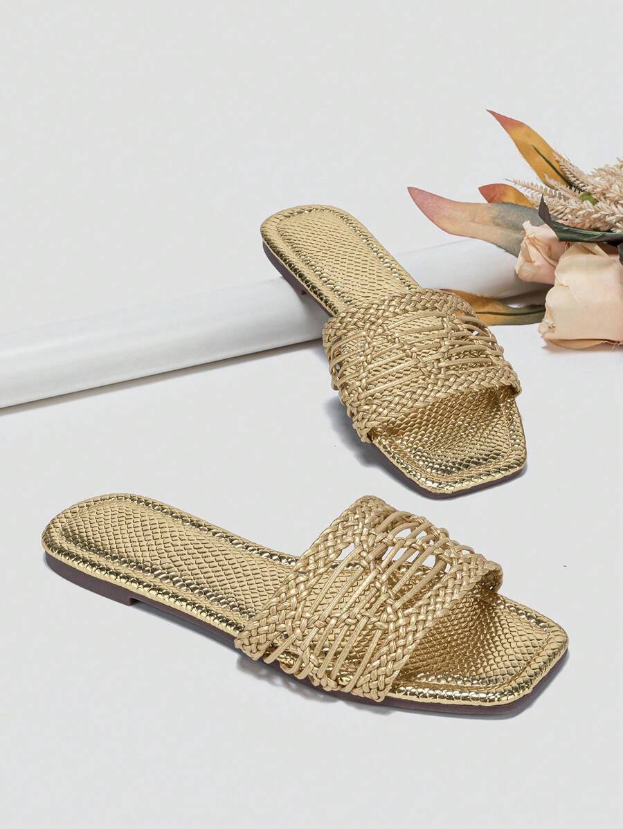 Vacation Gold Sandals For Women, Metallic Snakeskin Embossed Braided ...