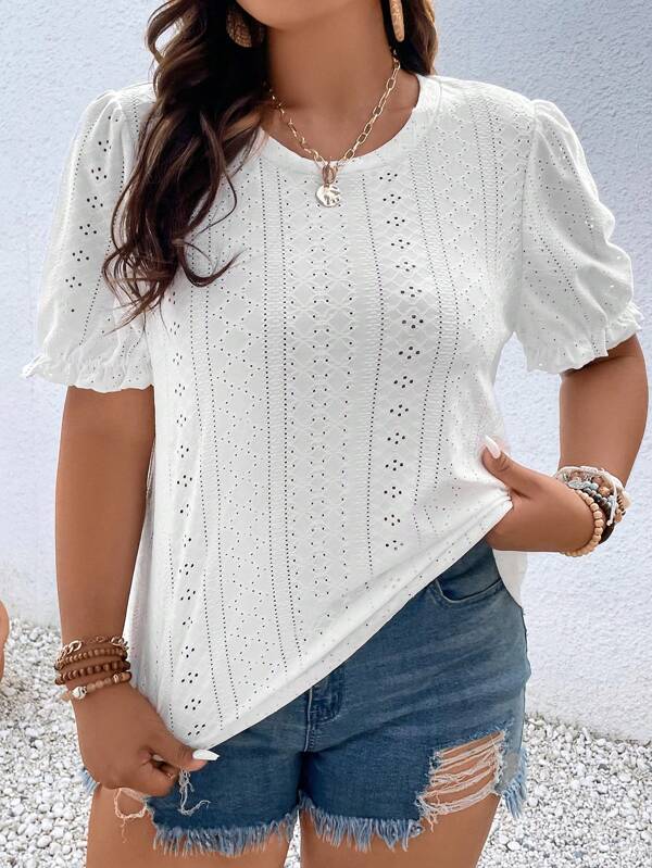 Shein Lune Camiseta Con Bordado Con Ojal De Manga Farol Moda De Mujer