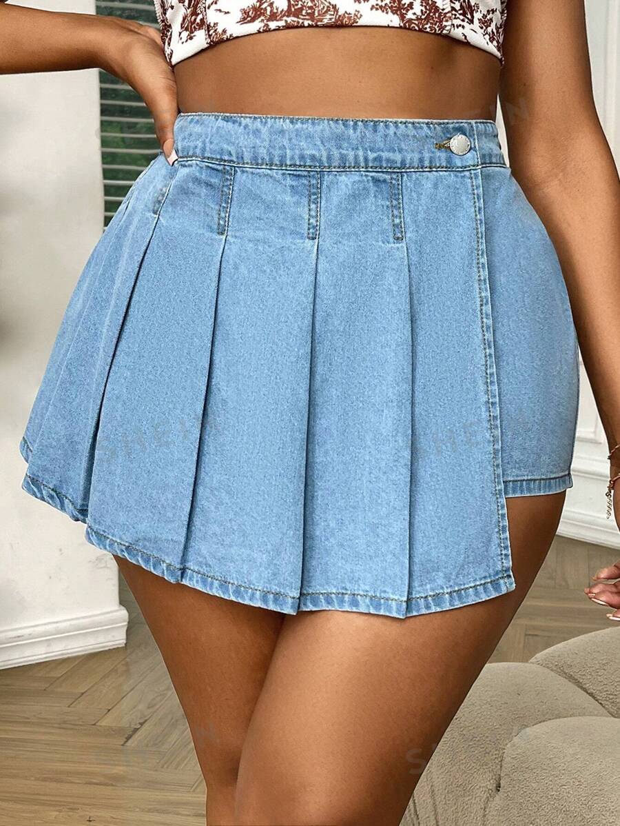 SHEIN SXY Plus High Waist Pleated Detail Denim Skort | SHEIN USA