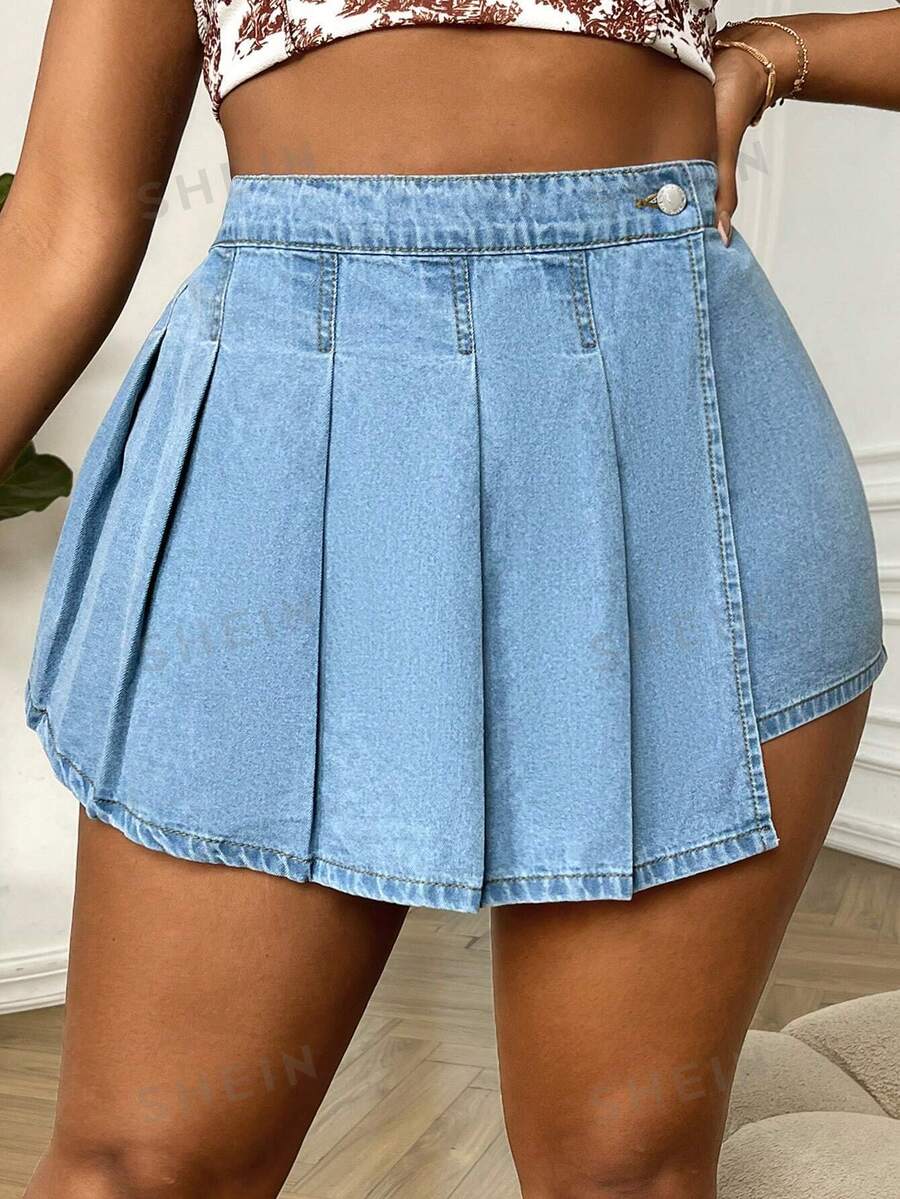SHEIN SXY Plus High Waist Pleated Detail Denim Skort | SHEIN USA