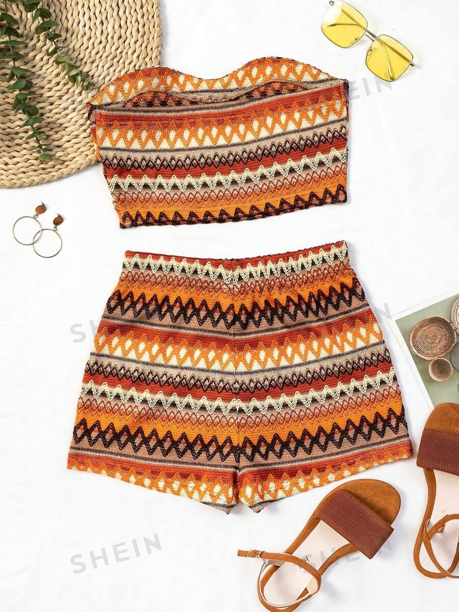 SHEIN WYWH Wywh Conjunto De Férias Para Mulheres Top Tubo Chevron E Shorts De Praia Em Duas ...