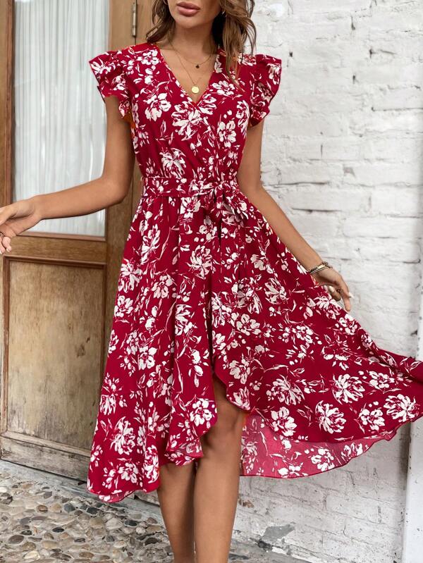 SHEIN Clasi Floral Print Butterfly Sleeve Ruffle Trim Wrap Hem Belted Dress | SHEIN USA
