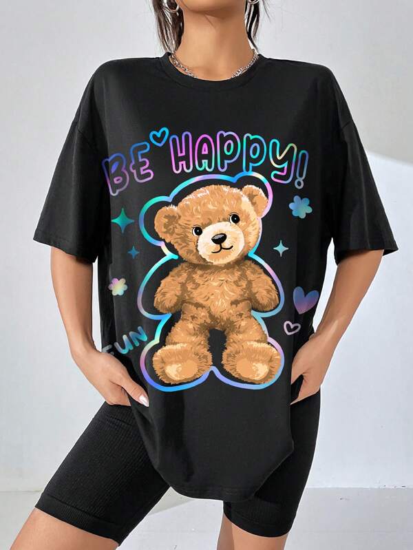 Shein Coolane Bear And Slogan Graphic Drop Shoulder Oversized Tee Shein Usa
