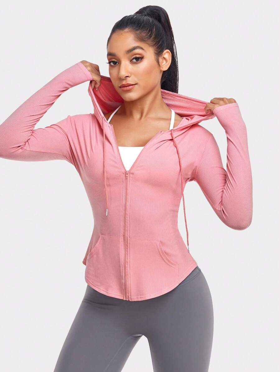 VUTRU Zip Up Thumb Holes Drawstring Hooded Sports Jacket Compression ...