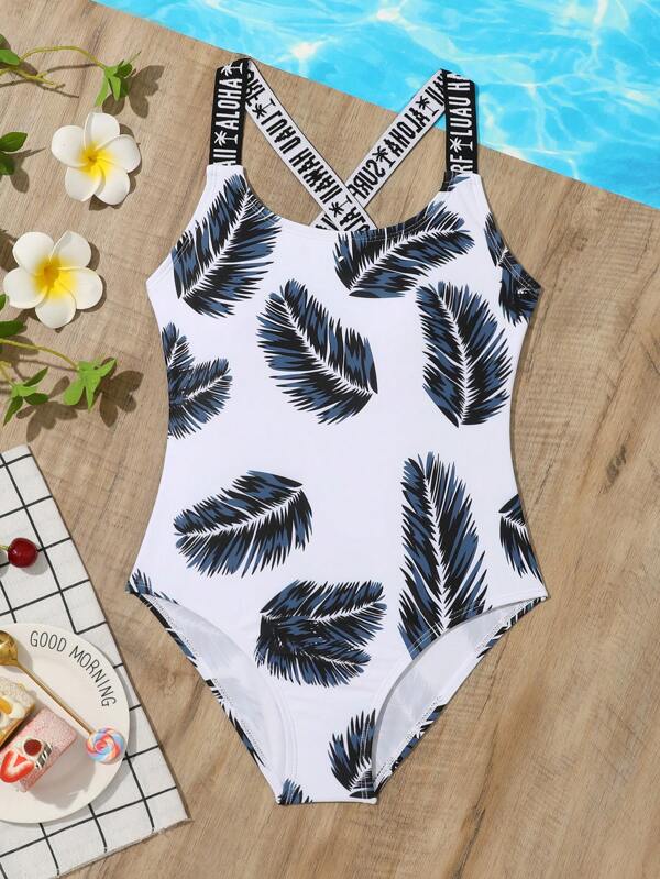 Traje De Baño De Una Pieza De Niña Tween Con Estampado Tropical, Cinta ...