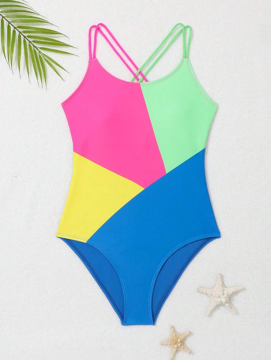 Teen Girls Colorblock Criss Cross Back One Piece Swimsuit | SHEIN USA