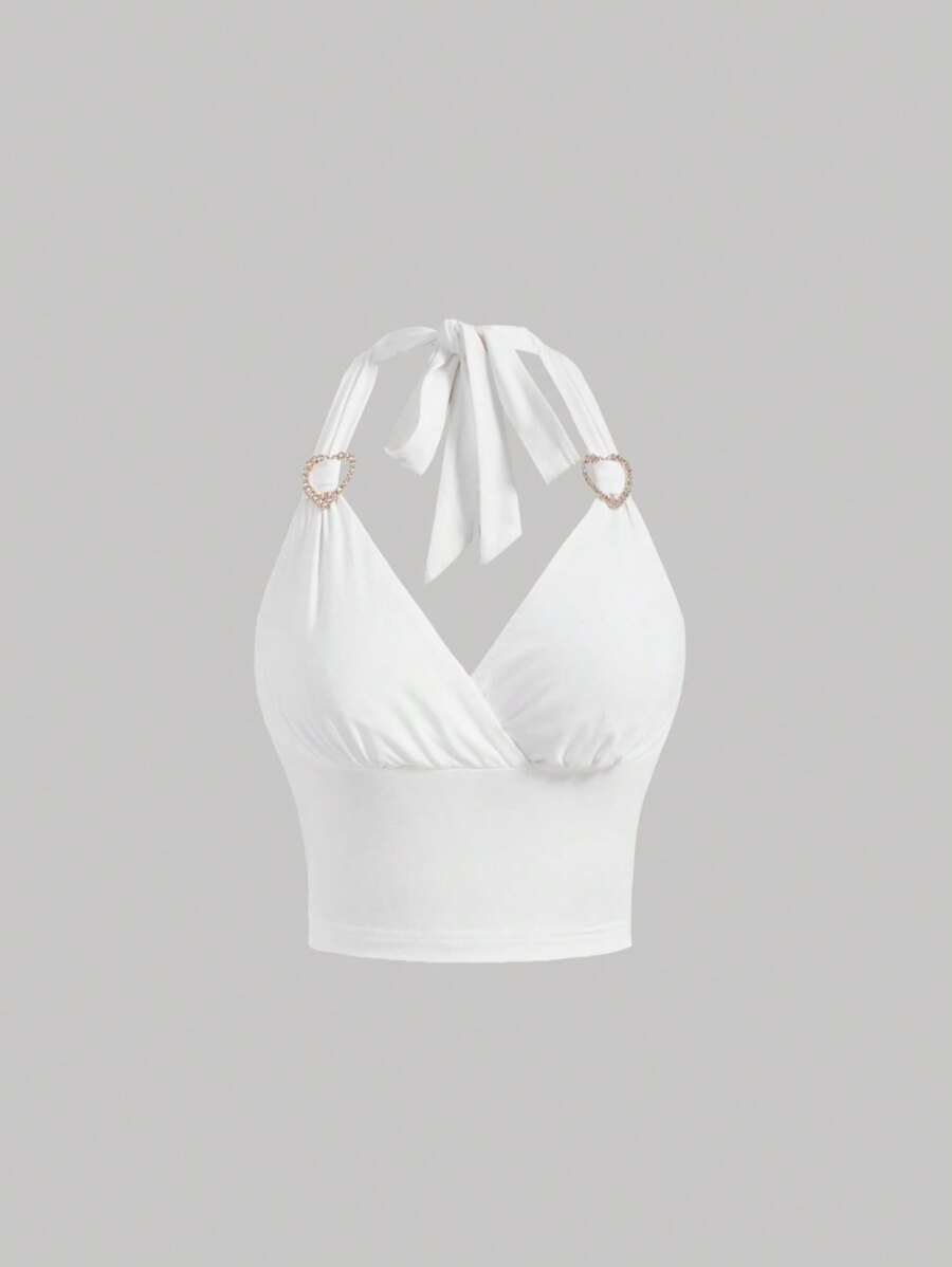 SHEIN MOD Solid Heart-shaped Ring Detail Halter Top | SHEIN UK
