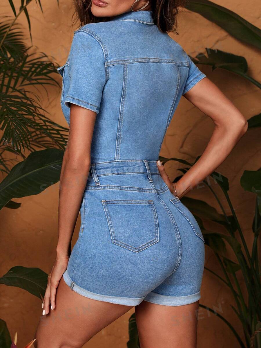 SHEIN Flap Pocket Roll Up Hem Denim Romper | SHEIN USA