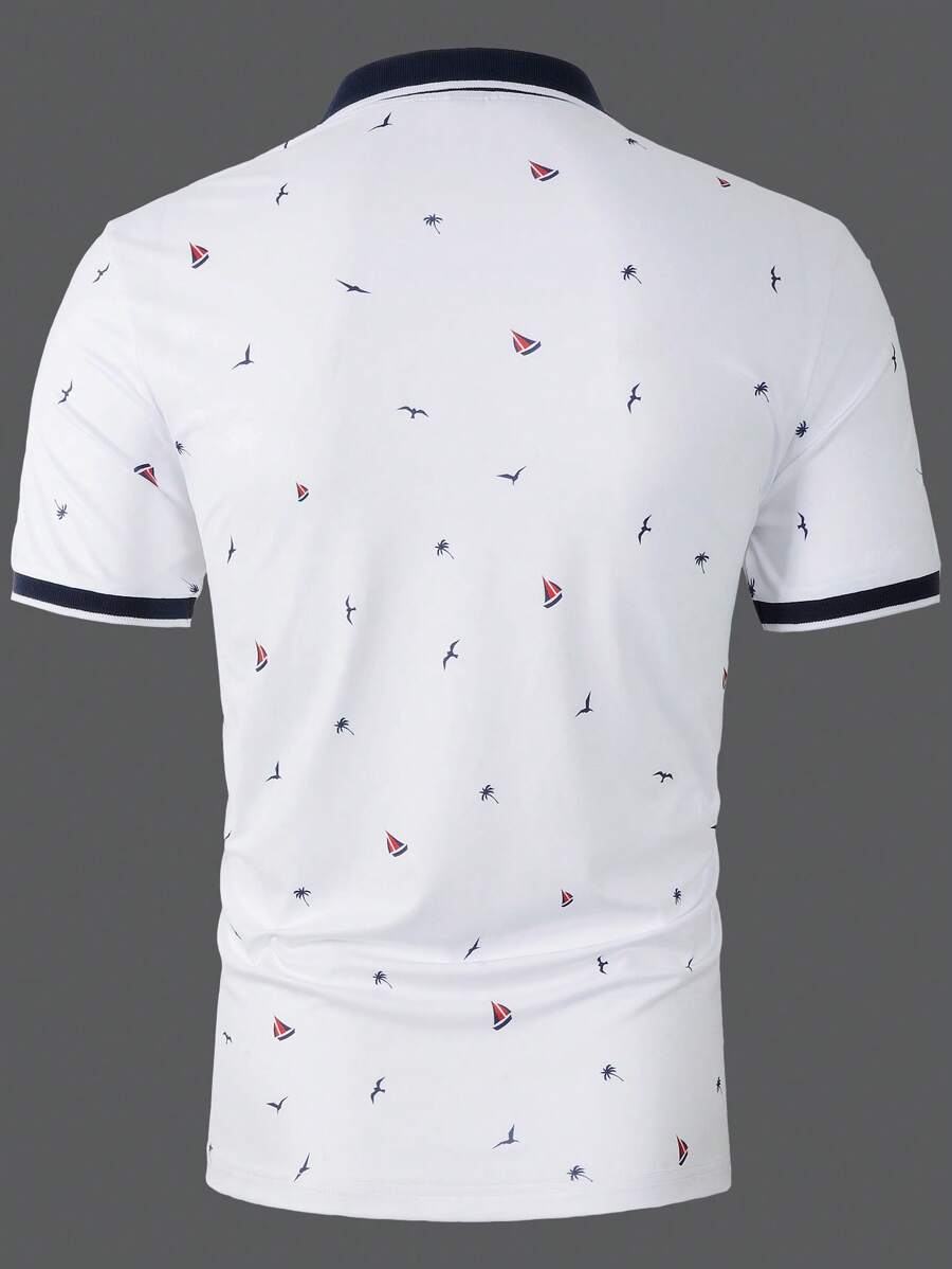 Manfinity Mode Men Allover Print Contrast Trim Polo Shirt, Half Button Collar Graphic Tropical ...