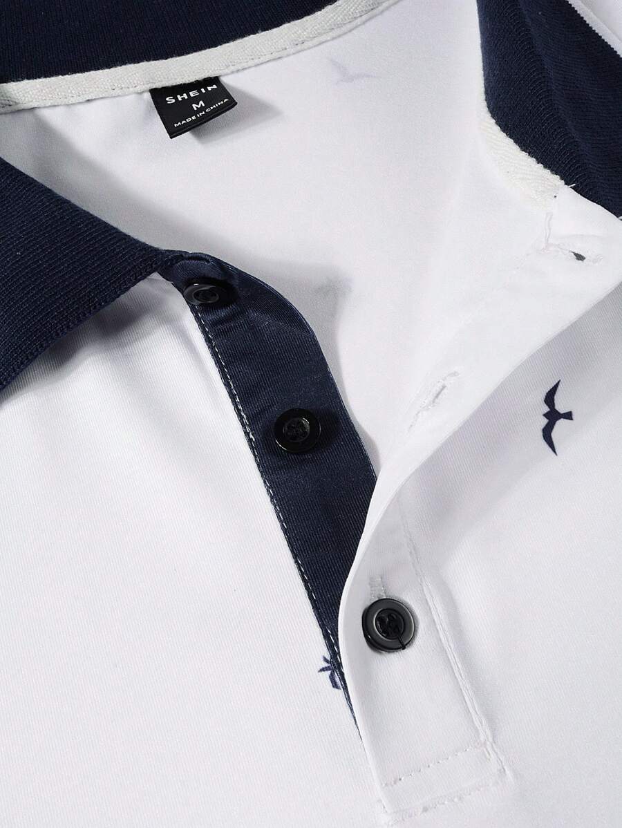 Manfinity Mode Men Allover Print Contrast Trim Polo Shirt, Half Button Collar Graphic Tropical ...