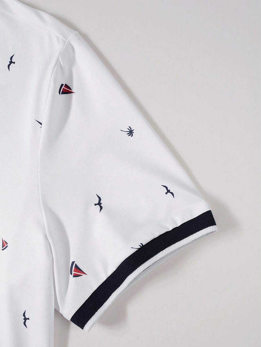 Manfinity Mode Men Allover Print Contrast Trim Polo Shirt, Half Button Collar Graphic Tropical ...