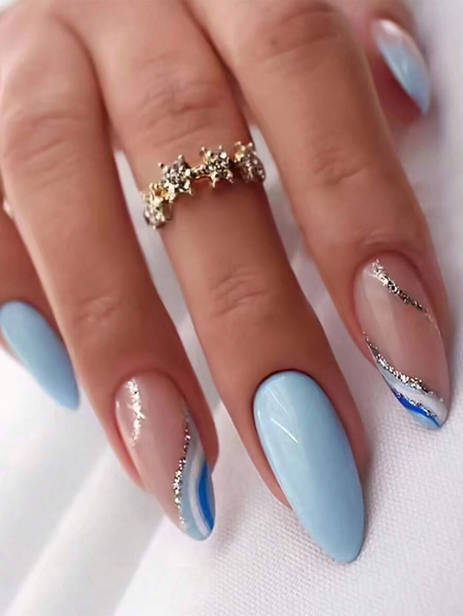 24pcs Baby Blue Metallic Swirl Long Almond French Style Fake Nail & 1pc ...