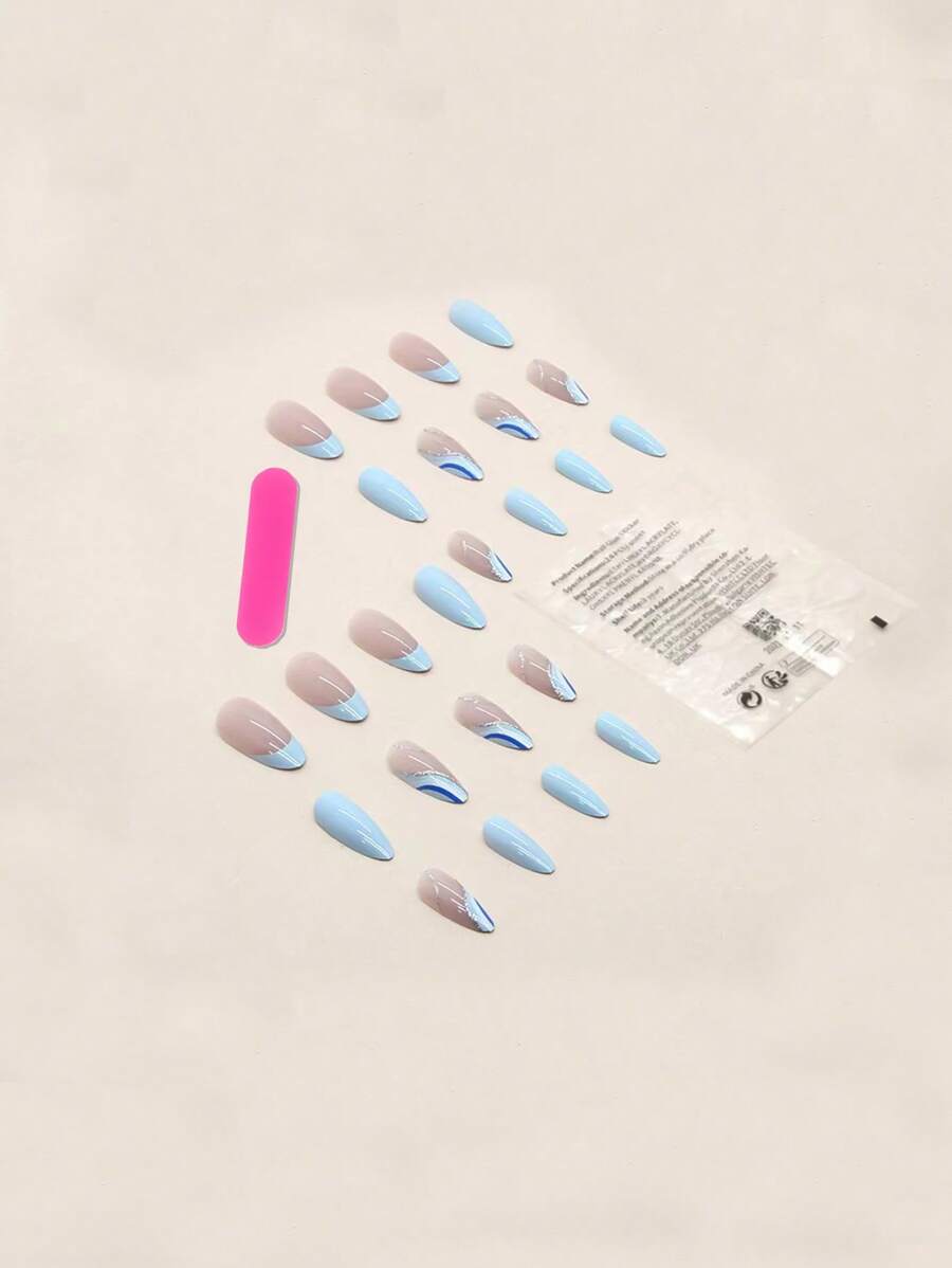 24pcs Baby Blue Metallic Swirl Long Almond French Style Fake Nail & 1pc ...