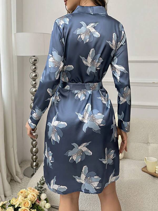 Floral Print Belted Satin Robe | SHEIN UK