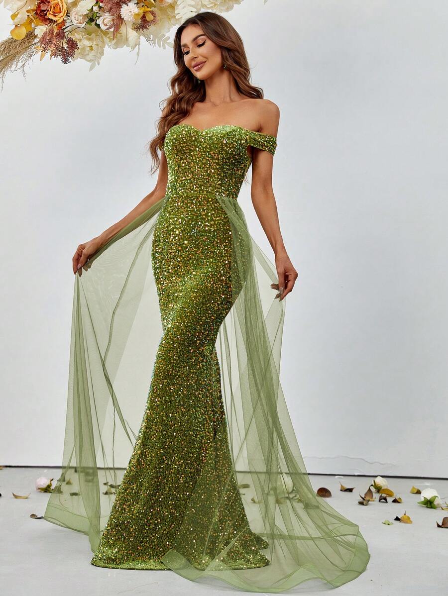 Off Shoulder Mesh Overlay Sequin Formal Dress | SHEIN USA