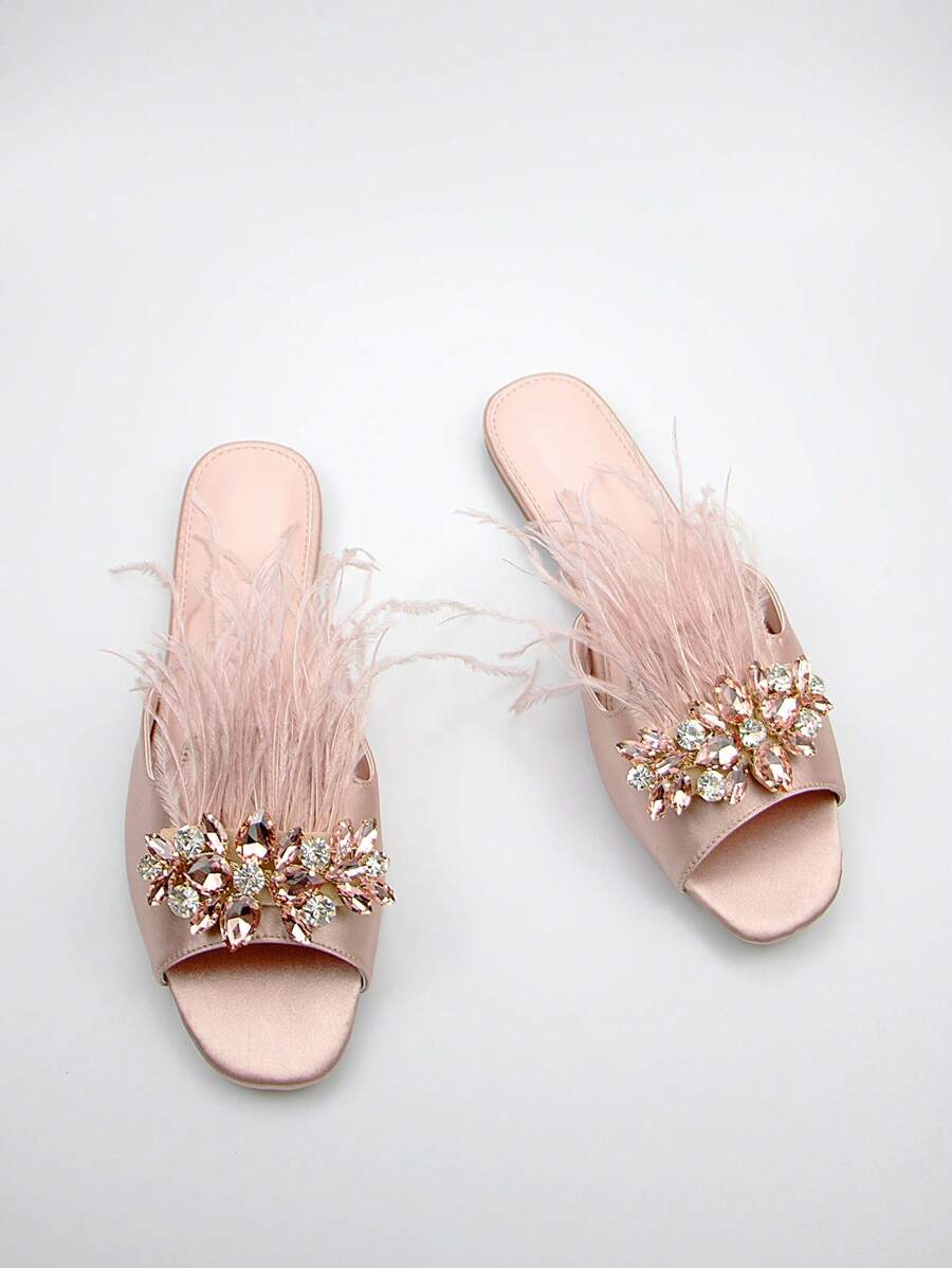 Glamorous Baby Pink Sandals For Women, Rhinestone Decor Satin Slide ...