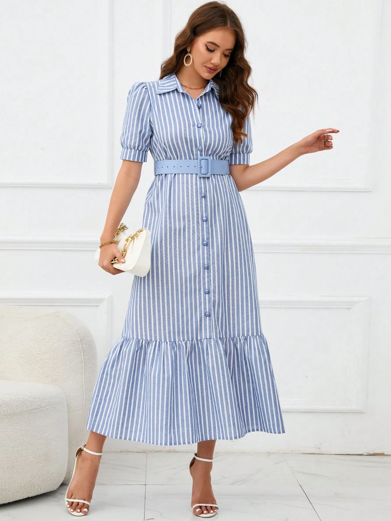 Shein Privé Striped Print Ruffle Hem Belted Shirt Dress For Sale