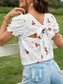 SHEIN WYWH bordado padrão cereja amarrar manga bufante Blusa | SHEIN Brasil